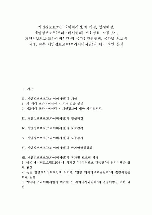 개인정보보호(프라이버시권)의 개념, 형성배경, 개인정보보호(프라이버시권)의 보호정책, 노동감시, 개인정보보호(프라이버시권)의 국가인권위원회, 국가별 보호법 사례, 개인정보보호(프라이버시권) 제도 방안 분석