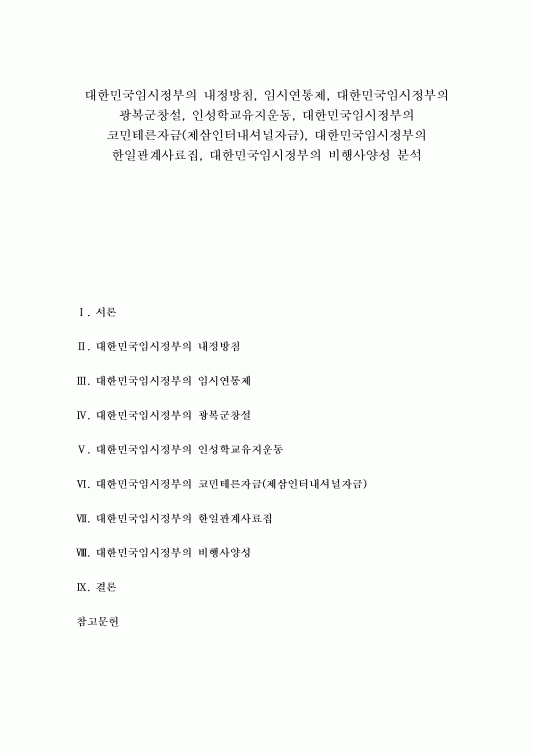대한민국임시정부의 내정방침, 임시연통제, 대한민국임시정부 광복군창설, 인성학교유지운동, 대한민국임시정부 코민테른자금(제삼인터내셔널자금), 대한민국임시정부 한일관계사료집, 대한민국임시정부 비행사양성