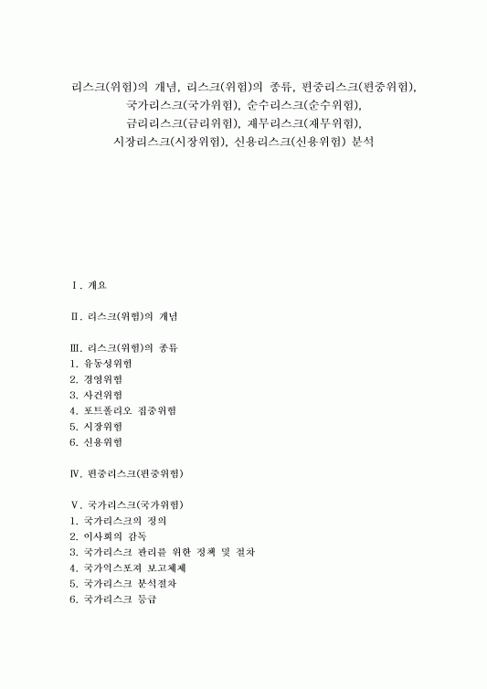 리스크(위험)의 개념, 리스크(위험)의 종류, 편중리스크(편중위험), 국가리스크(국가위험), 순수리스크(순수위험), 금리리스크(금리위험), 재무리스크(재무위험), 시장리스크(시장위험), 신용리스크(신용위험) 분석