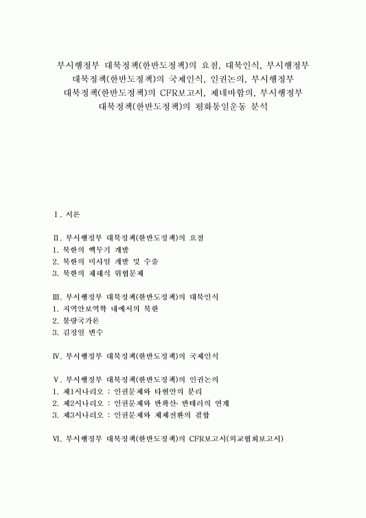 부시행정부 대북정책(한반도정책) 요점, 대북인식, 부시행정부 대북정책(한반도정책) 국제인식, 인권논의, 부시행정부 대북정책(한반도정책) CFR보고서, 제네바합의, 부시행정부 대북정책(한반도정책) 평화통일운동