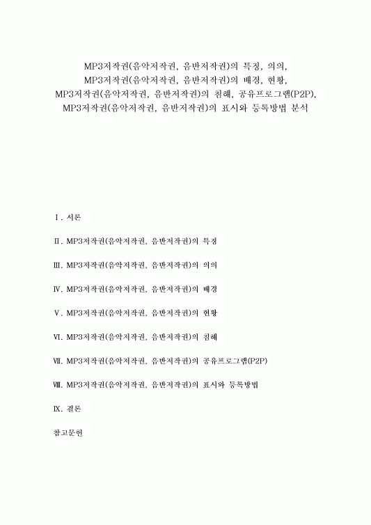 MP3저작권(음악저작권, 음반저작권) 특징, 의의, MP3저작권(음악저작권, 음반저작권) 배경, 현황, MP3저작권(음악저작권, 음반저작권) 침해, 공유프로그램(P2P), MP3저작권(음악저작권, 음반저작권) 표시와 등록방법