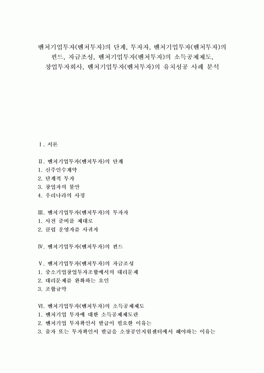 [벤처기업투자][벤처투자]벤처기업투자(벤처투자)의 단계, 투자자, 벤처기업투자(벤처투자)의 펀드, 자금조성, 벤처기업투자(벤처투자)의 소득공제제도, 창업투자회사, 벤처기업투자(벤처투자)의 유치성공 사례 분석