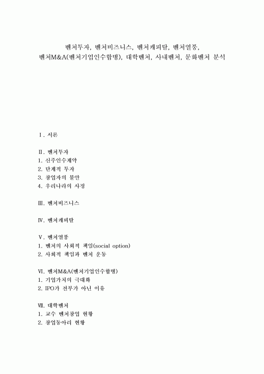 [벤처][벤처투자][벤처비즈니스][벤처캐피탈][벤처열풍][벤처M&A][대학벤처][사내벤처][문화벤처]벤처투자, 벤처비즈니스, 벤처캐피탈, 벤처열풍, 벤처M&A(벤처기업인수합병), 대학벤처, 사내벤처, 문화벤처