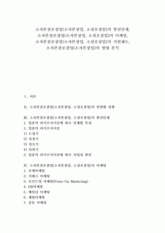 [창업]소자본점포창업(소자본창업, 소점포창업)의 발전단계, 소자본점포창업(소자본창업, 소점포창업)의 마케팅, 소자본점포창업(소자본창업, 소점포창업)의 지원제도, 소자본점포창업(소자본창업)의 방향 분석