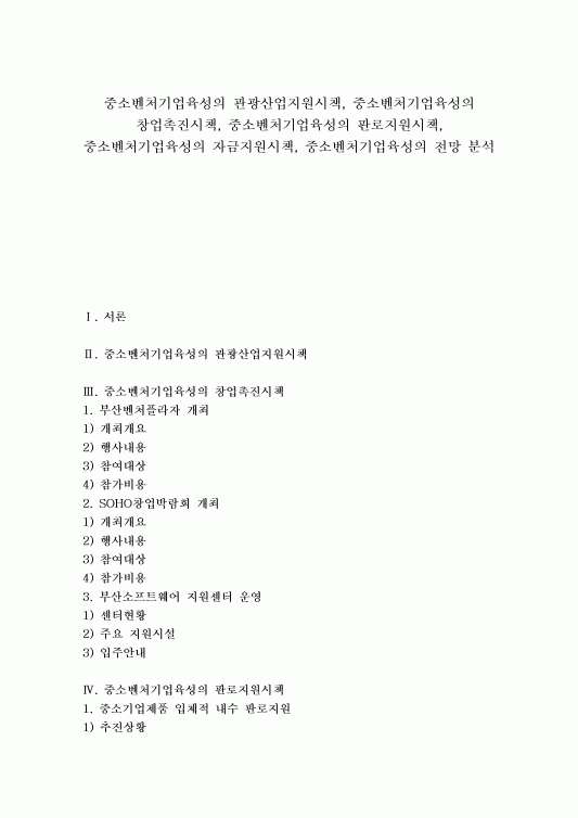 [중소벤처기업육성][시책][관광산업]중소벤처기업육성의 관광산업지원시책, 중소벤처기업육성의 창업촉진시책, 중소벤처기업육성의 판로지원시책, 중소벤처기업육성의 자금지원시책, 중소벤처기업육성의 전망 분석