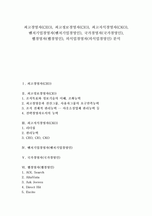 [경영자][최고경영자][CEO]최고경영자(CEO), 최고정보경영자(CIO), 최고지식경영자(CKO), 벤처기업경영자(벤처기업경영인), 국가경영자(국가경영인), 웹경영자(웹경영인), 외식업경영자(외식업경영인) 분석