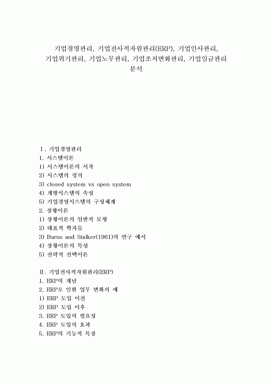 [기업관리][기업][기업경영관리][기업전사적자원관리][기업인사관리][기업위기관리]기업경영관리, 기업전사적자원관리(ERP), 기업인사관리, 기업위기관리, 기업노무관리, 기업조직변화관리, 기업임금관리 분석