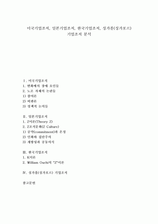 [기업조직][미국기업조직][일본기업조직][한국기업조직][싱가폴 기업조직][싱가포르][기업][미국][일본][한국][싱가폴]미국기업조직, 일본기업조직, 한국기업조직, 싱가폴(싱가포르) 기업조직 분석(기업조직)