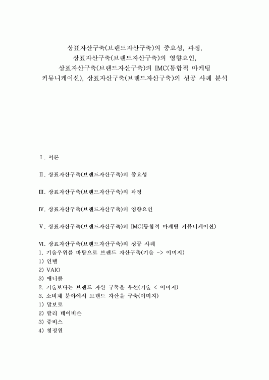 상표자산구축(브랜드자산구축)의 중요성, 과정, 상표자산구축(브랜드자산구축)의 영향요인, 상표자산구축(브랜드자산구축)의 IMC(통합적 마케팅 커뮤니케이션), 상표자산구축(브랜드자산구축)의 성공 사례 분석