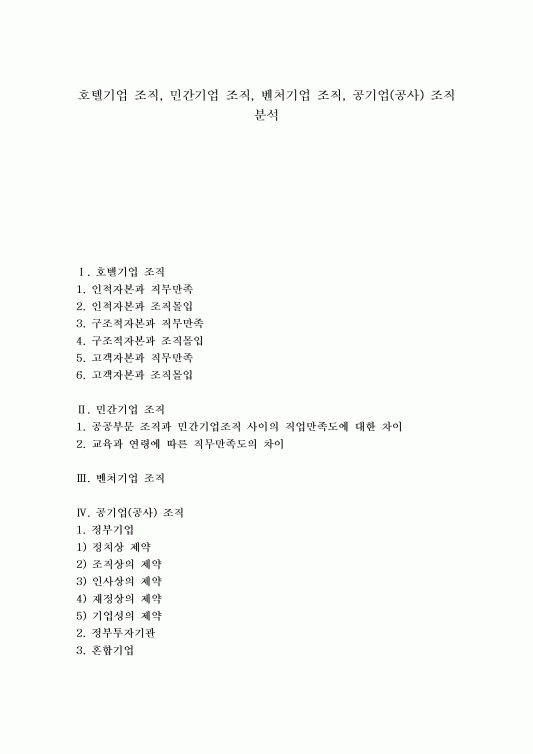 [기업조직][기업][조직][호텔기업 조직][민간기업 조직][벤처기업 조직][공기업 조직][공사][호텔기업][민간기업][벤처기업][공기업][공사]호텔기업 조직, 민간기업 조직, 벤처기업 조직, 공기업(공사) 조직 분석