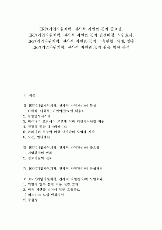 ERP(기업자원계획, 전사적 자원관리)의 중요성, ERP(기업자원계획, 전사적 자원관리) 탄생배경, 도입효과, ERP(기업자원계획, 전사적 자원관리) 구축현황, 사례, 향후 ERP(기업자원계획, 전사적 자원관리) 활용 방향