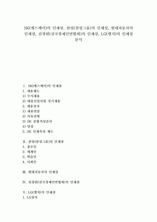 [인재상][인재][에스케이][SK][삼성][현대자동차][전경련][엘지][LG]SK(에스케이)의 인재상, 삼성(삼성그룹)의 인재상, 현대자동차의 인재상, 전경련(전국경제인연합회)의 인재상, LG(엘지)의 인재상 분석