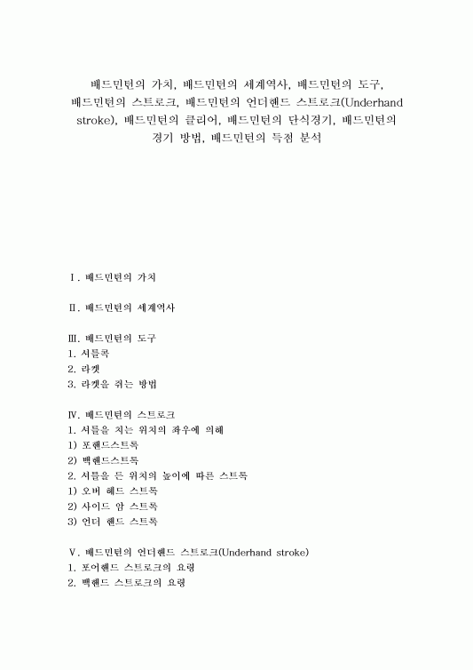 배드민턴의 가치, 배드민턴의 세계역사, 배드민턴의 도구, 배드민턴의 스트로크, 배드민턴 언더핸드 스트로크(Underhand stroke), 배드민턴 클리어, 배드민턴 단식경기, 배드민턴 경기 방법, 배드민턴 득점 분석