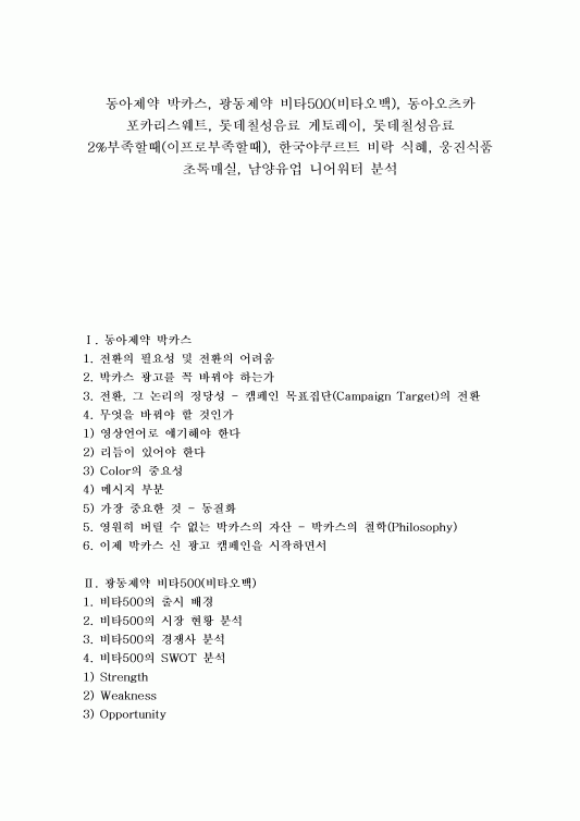 동아제약 박카스, 광동제약 비타500(비타오백), 동아오츠카 포카리스웨트, 롯데칠성음료 게토레이, 롯데칠성음료 2%부족할때(이프로부족할때), 한국야쿠르트 비락 식혜, 웅진식품 초록매실, 남양유업 니어워터