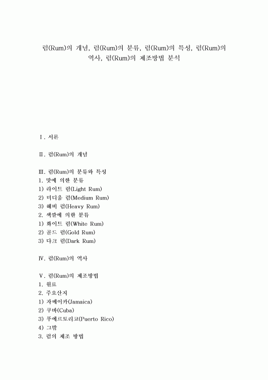 [럼][Rum][럼 개념][럼 분류][럼 특성][럼 역사][럼 제조방법]럼(Rum)의 개념, 럼(Rum)의 분류, 럼(Rum)의 특성, 럼(Rum)의 역사, 럼(Rum)의 제조방법 분석(럼, Rum, 럼 개념, 럼 분류, 럼 특성, 럼 역사)