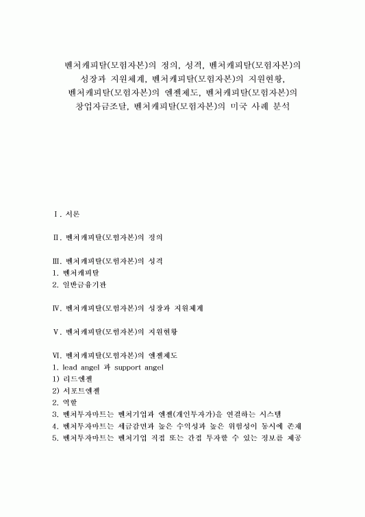 벤처캐피탈(모험자본)의 정의, 성격, 벤처캐피탈(모험자본) 성장과 지원체계, 벤처캐피탈(모험자본) 지원현황, 벤처캐피탈(모험자본) 엔젤제도, 벤처캐피탈(모험자본) 창업자금조달, 벤처캐피탈(모험자본) 미국 사례