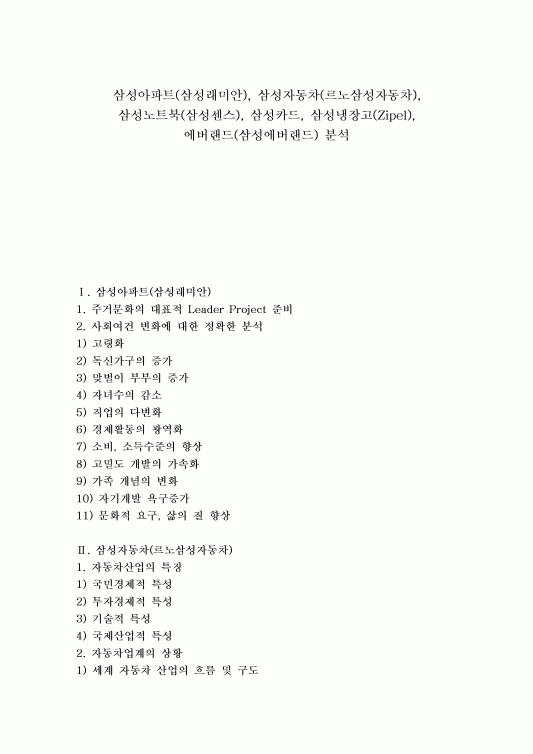 [삼성][삼성아파트][삼성자동차][삼성노트북][삼성카드][삼성냉장고]삼성아파트(삼성래미안), 삼성자동차(르노삼성자동차), 삼성노트북(삼성센스), 삼성카드, 삼성냉장고(Zipel), 에버랜드(삼성에버랜드) 분석