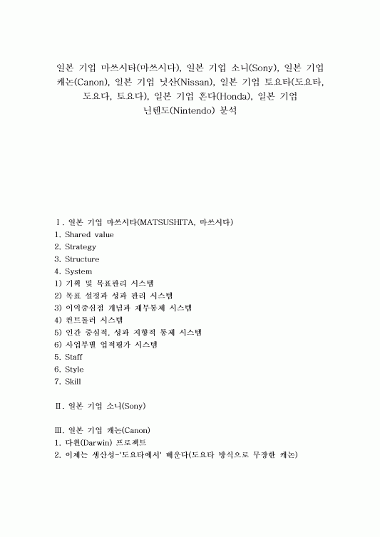 일본 기업 마쓰시타(마쓰시다), 일본 기업 소니(Sony), 일본 기업 캐논(Canon), 일본 기업 닛산(Nissan), 일본 기업 토요타(도요타, 도요다, 토요다), 일본 기업 혼다(Honda), 일본 기업 닌텐도(Nintendo) 분석