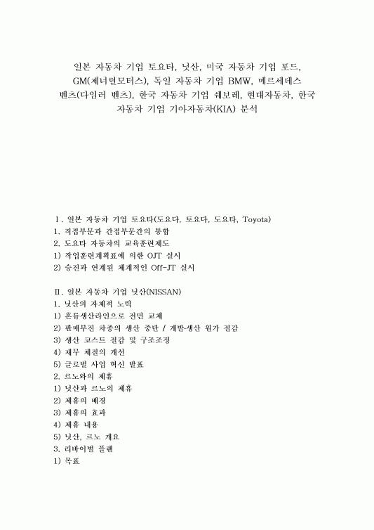 일본 자동차 기업 토요타, 닛산, 미국 자동차 기업 포드, GM(제너럴모터스), 독일 자동차 기업 BMW, 메르세데스 벤츠(다임러 벤츠), 한국 자동차 기업 쉐보레, 현대자동차, 한국 자동차 기업 기아자동차(KIA) 분석