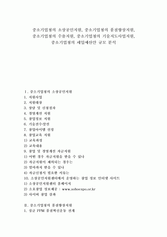 [중소기업청 지원][중소기업][소상공인][품질향상]중소기업청의 소상공인지원, 중소기업청의 품질향상지원, 중소기업청의 수출지원, 중소기업청의 기술지도사업지원, 중소기업청의 세입예산안 규모 분석