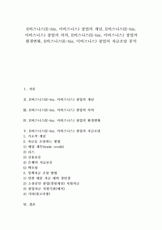 [E비즈니스]E비즈니스(E-biz, 이비즈니스) 창업의 개념, E비즈니스(E-biz, 이비즈니스) 창업의 의의, E비즈니스(E-biz, 이비즈니스) 창업의 환경변화, E비즈니스(E-biz, 이비즈니스) 창업의 자금조달 분석