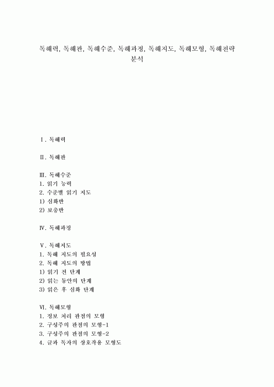 [독해][독해력][독해관][독해수준][독해과정][독해지도][독해모형][독해전략]독해력, 독해관, 독해수준, 독해과정, 독해지도, 독해모형, 독해전략(독해, 독해력, 독해관, 독해수준, 독해과정, 독해지도, 독해모형)