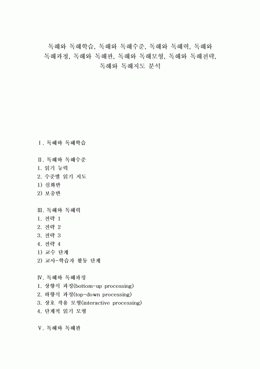 [독해][독해학습][독해수준][독해력][독해과정][독해관][독해모형]독해와 독해학습, 독해와 독해수준, 독해와 독해력, 독해와 독해과정, 독해와 독해관, 독해와 독해모형, 독해와 독해전략, 독해와 독해지도 분석
