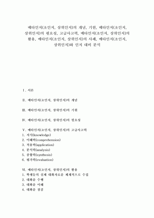메타인지(초인지, 상위인지)의 개념, 기원, 메타인지(초인지, 상위인지)의 필요성, 고급사고력, 메타인지(초인지, 상위인지)의 활용, 메타인지(초인지, 상위인지)의 사례, 메타인지(초인지, 상위인지)와 인지 대비