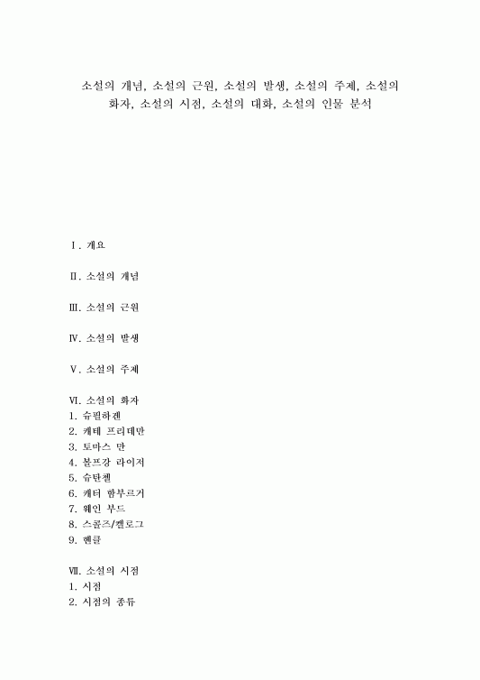 [소설, 소설 개념, 소설 근원, 소설 발생, 소설 주제, 소설 화자, 소설 시점, 소설 대화, 소설 인물]소설의 개념, 소설의 근원, 소설의 발생, 소설의 주제, 소설의 화자, 소설의 시점, 소설의 대화, 소설의 인물