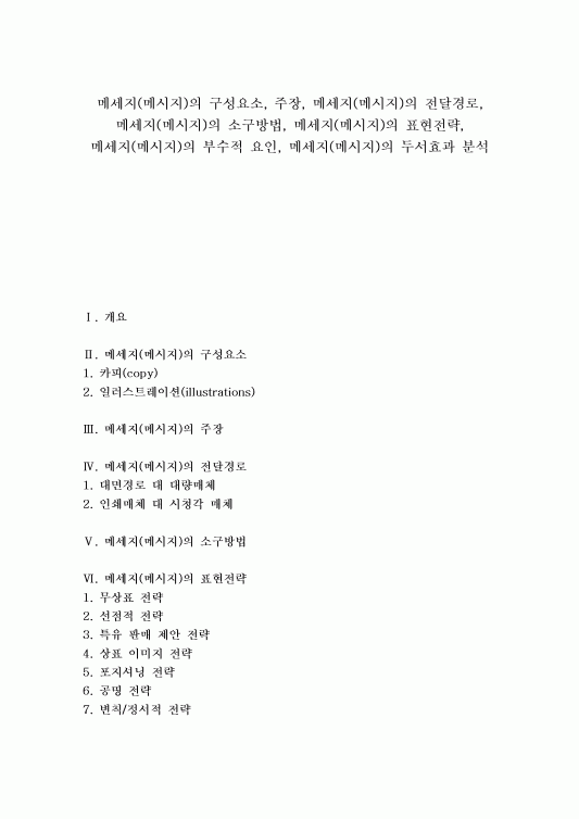 [메세지, 메시지, 표현전략]메세지(메시지)의 구성요소, 주장, 메세지(메시지)의 전달경로, 메세지(메시지)의 소구방법, 메세지(메시지)의 표현전략, 메세지(메시지)의 부수적 요인, 메세지(메시지)의 두서효과 분석