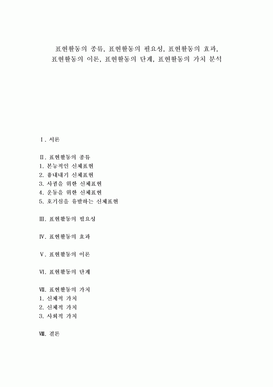 [표현활동][표현][표현활동 종류][표현활동 필요성][표현활동 효과][표현활동 이론][표현활동 단계]표현활동의 종류, 표현활동의 필요성, 표현활동의 효과, 표현활동의 이론, 표현활동의 단계, 표현활동의 가치