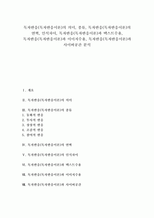 독자반응(독자반응이론)의 의미, 종류, 독자반응(독자반응이론)의 연혁, 인식차이, 독자반응(독자반응이론)과 텍스트수용, 독자반응(독자반응이론)과 이미지수용, 독자반응(독자반응이론)과 사이버공간 분석