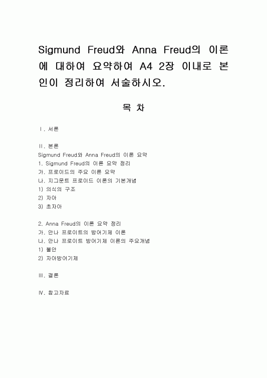 지그문트 프로이트(Sigmund Freud)와 안나 프로이트(Anna Freud)의 이론에 대하여 요약하여 A4 2장 이내로 본인이 정리하여 서술.