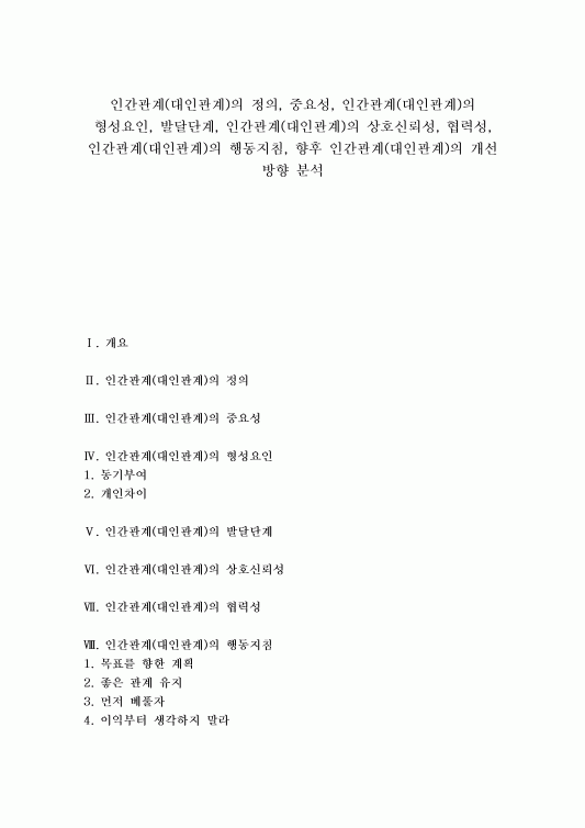 [인간관계]인간관계(대인관계)의 정의, 중요성, 인간관계(대인관계)의 형성요인, 발달단계, 인간관계(대인관계)의 상호신뢰성, 협력성, 인간관계(대인관계)의 행동지침, 향후 인간관계(대인관계)의 개선 방향 분석