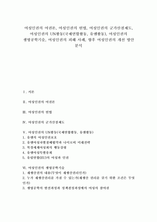 [여성인권][여성]여성인권의 여권론, 여성인권의 헌법, 여성인권의 군가산점제도, 여성인권의 UN활동(국제연합활동, 유엔활동), 여성인권의 생명공학기술, 여성인권의 피해 사례, 향후 여성인권의 개선 방안 분석