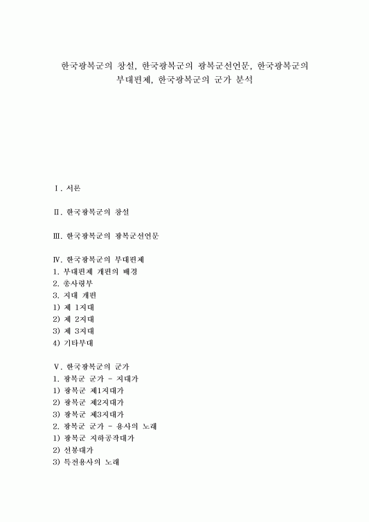 [한국광복군][광복군][한국광복군 창설][한국광복군 광복군선언문][한국광복군 부대편제][한국광복군 군가]한국광복군의 창설, 한국광복군의 광복군선언문, 한국광복군의 부대편제, 한국광복군의 군가 분석