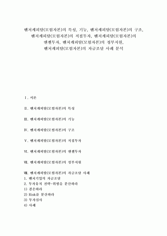 벤처캐피탈(모험자본)의 특성, 기능, 벤처캐피탈(모험자본)의 구조, 벤처캐피탈(모험자본)의 직접투자, 벤처캐피탈(모험자본)의 앤젤투자, 벤처캐피탈(모험자본)의 정부지원, 벤처캐피탈(모험자본)의 자금조달 사례