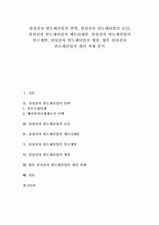 [삼성전자]삼성전자 반도체산업의 연혁, 삼성전자 반도체산업의 요인, 삼성전자 반도체산업의 메모리제품, 삼성전자 반도체산업의 연구개발, 삼성전자 반도체산업의 쟁점, 향후 삼성전자 반도체산업의 개선 과제