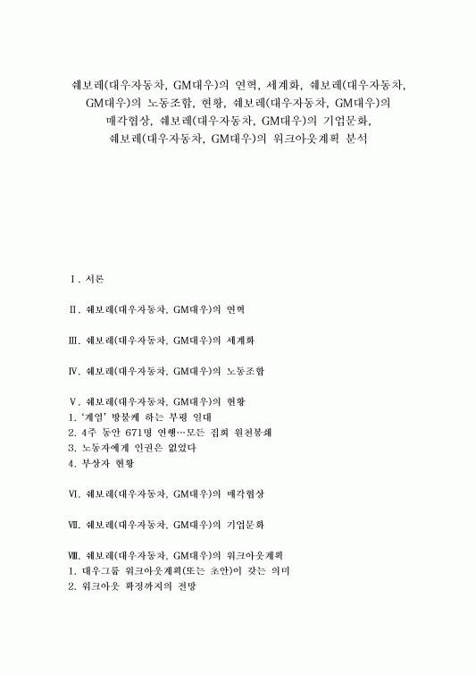 쉐보레(대우자동차, GM대우) 연혁, 세계화, 쉐보레(대우자동차, GM대우) 노동조합, 현황, 쉐보레(대우자동차, GM대우) 매각협상, 쉐보레(대우자동차, GM대우) 기업문화, 쉐보레(대우자동차, GM대우) 워크아웃계획