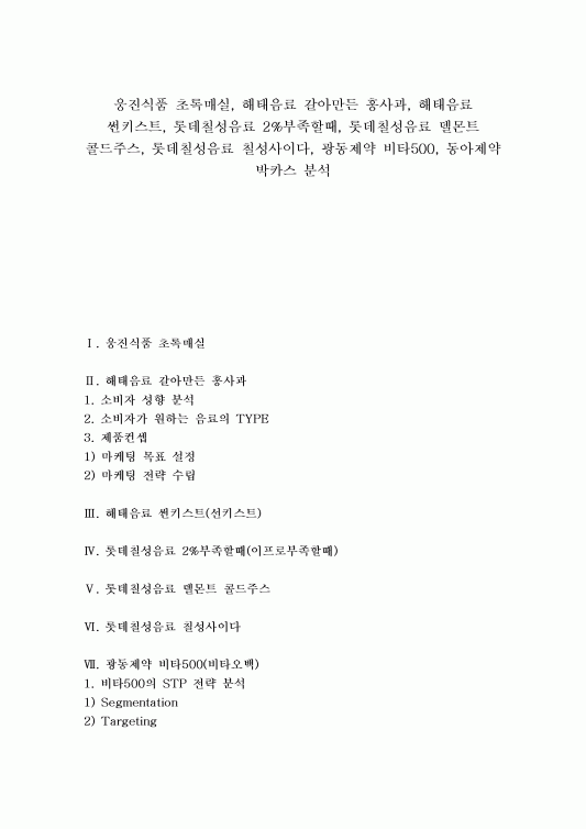 [음료][웅진]웅진식품 초록매실, 해태음료 갈아만든 홍사과, 해태음료 썬키스트, 롯데칠성음료 2%부족할때, 롯데칠성음료 델몬트 콜드주스, 롯데칠성음료 칠성사이다, 광동제약 비타500, 동아제약 박카스 분석