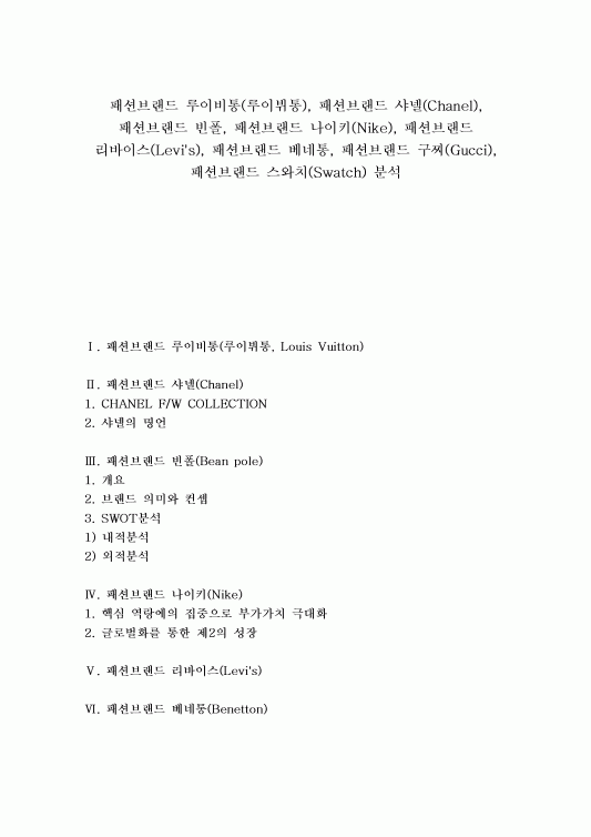 패션브랜드 루이비통(루이뷔통), 패션브랜드 샤넬(Chanel), 패션브랜드 빈폴, 패션브랜드 나이키(Nike), 패션브랜드 리바이스(Levis), 패션브랜드 베네통, 패션브랜드 구찌(Gucci), 패션브랜드 스와치(Swatch)