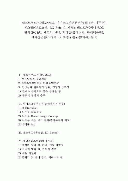 패스트푸드점(맥도날드), 아이스크림전문점(롯데제과 나뚜루), 홈쇼핑(GS홈쇼핑), 패밀리레스토랑(베니건스), 편의점(C&U, 패밀리마트), 백화점(롯데쇼핑, 롯데백화점), 커피전문점(스타벅스), 화장품전문점(미샤)