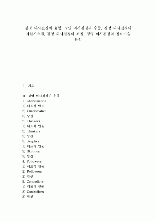 [경영 의사결정][경영][의사결정][경영 의사결정 유형][경영 의사결정 수준]경영 의사결정의 유형, 경영 의사결정의 수준, 경영 의사결정의 지원시스템, 경영 의사결정의 과정, 경영 의사결정의 정보기술 분석