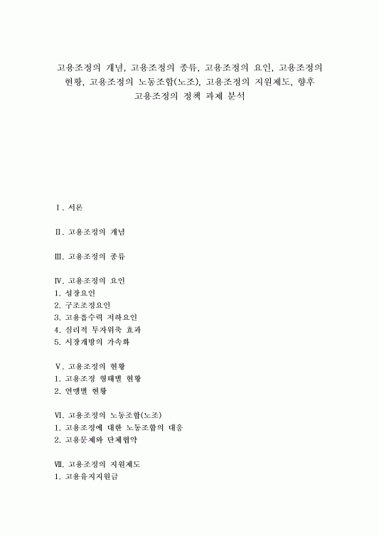 [고용조정][고용][노동조합][노동][노조][지원제도]고용조정의 개념, 고용조정의 종류, 고용조정의 요인, 고용조정의 현황, 고용조정의 노동조합(노조), 고용조정의 지원제도, 향후 고용조정의 정책 과제 분석