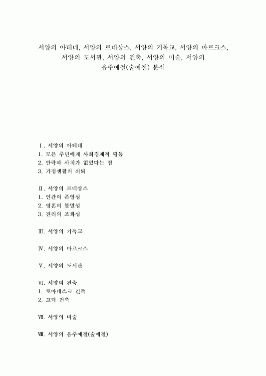 [서양][아테네][르네상스][기독교][마르크스][도서관][건축][미술][음주예절]서양의 아테네, 서양의 르네상스, 서양의 기독교, 서양의 마르크스, 서양의 도서관, 서양의 건축, 서양의 미술, 서양의 음주예절(술예절)