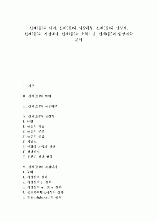[신체][몸][신체(몸)와 의미][시상하부][신경계][지질대사][소화기관][임상의학]신체(몸)와 의미, 신체(몸)와 시상하부, 신체(몸)와 신경계, 신체(몸)와 지질대사, 신체(몸)와 소화기관, 신체(몸)와 임상의학 분석