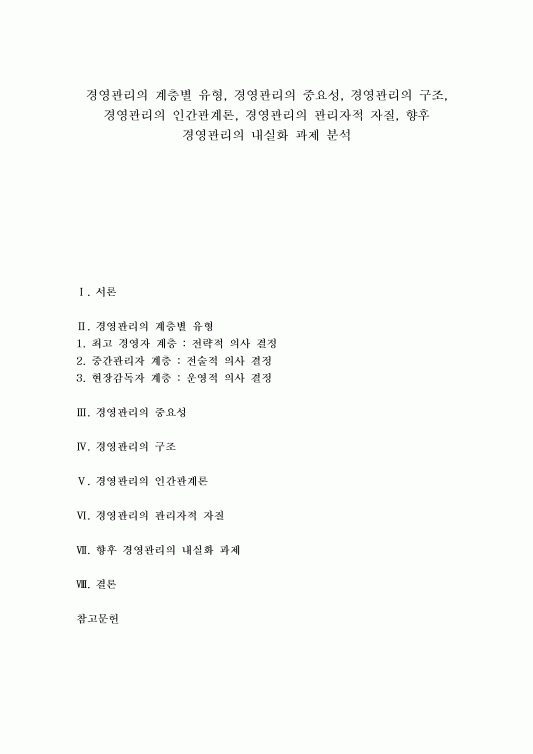 [경영관리][경영관리 인간관계론][경영관리의 관리자적 자질]경영관리의 계층별 유형, 경영관리의 중요성, 경영관리의 구조, 경영관리의 인간관계론, 경영관리의 관리자적 자질, 향후 경영관리의 내실화 과제 분석