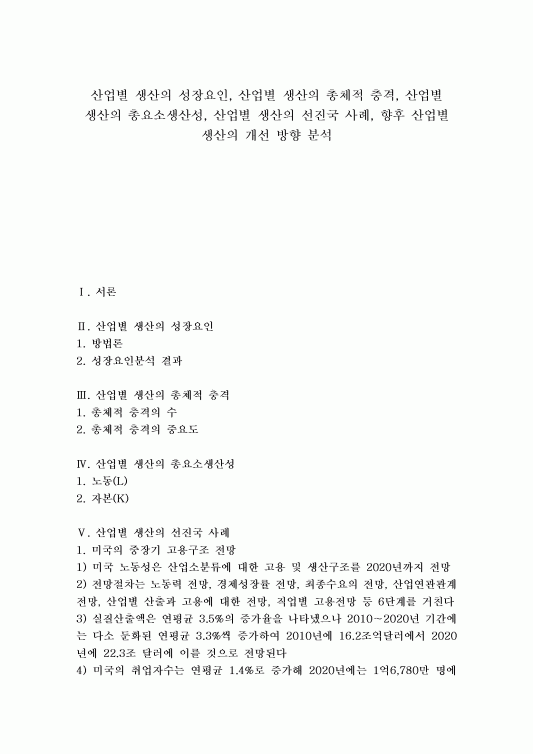 [산업별 생산][총요소생산성][산업별 생산 선진국 사례]산업별 생산의 성장요인, 산업별 생산의 총체적 충격, 산업별 생산의 총요소생산성, 산업별 생산의 선진국 사례, 향후 산업별 생산의 개선 방향 분석