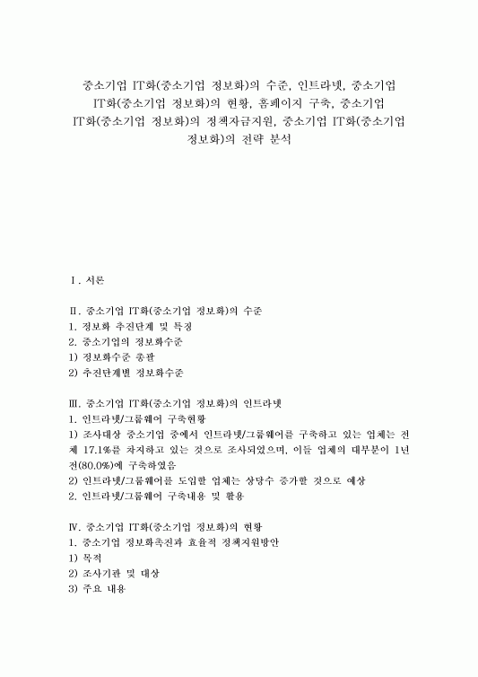 [중소기업IT화]중소기업 IT화(중소기업 정보화)의 수준, 인트라넷, 중소기업 IT화(중소기업 정보화)의 현황, 홈페이지 구축, 중소기업 IT화(중소기업 정보화) 정책자금지원, 중소기업 IT화(중소기업 정보화) 전략