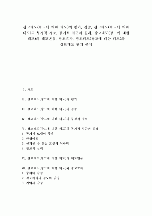 광고태도(광고에 대한 태도)의 평가, 검증, 광고태도(광고에 대한 태도)의 부정적 정보, 동기적 접근과 실례, 광고태도(광고에 대한 태도) 태도변용, 광고효과, 광고태도(광고에 대한 태도)와 상표태도 관계 분석